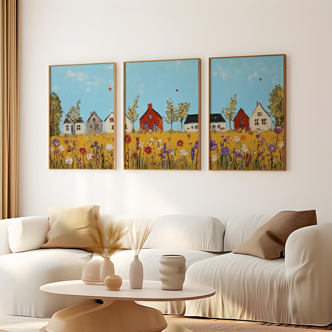 Cottagecore Canvas Print Set: Pastel Wildflower Meadow, Farmhouse Wall ...