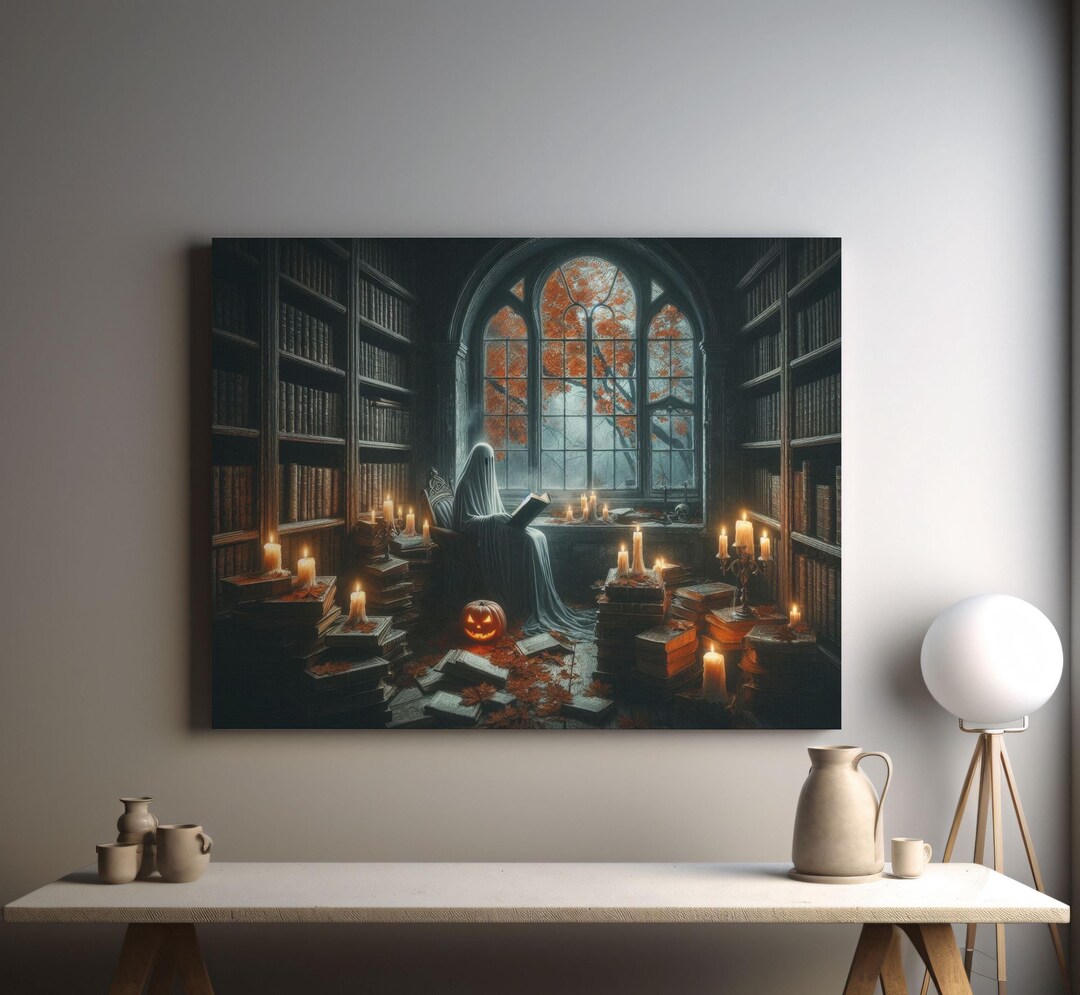 Ghost in Library Print, Vintage Ghost Wall Art, Spooky Ghost Reading ...