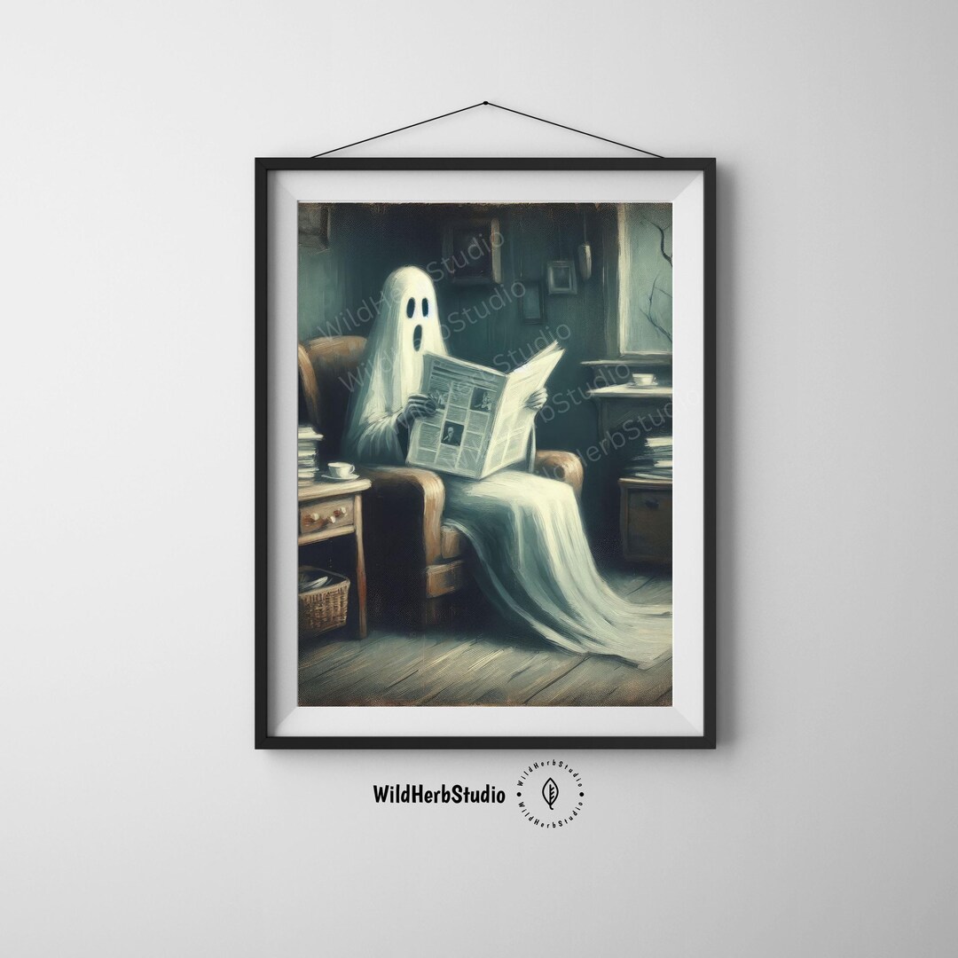Spooky Headlines Vintage Ghost Reading Newspaper Print, Printable Wall ...