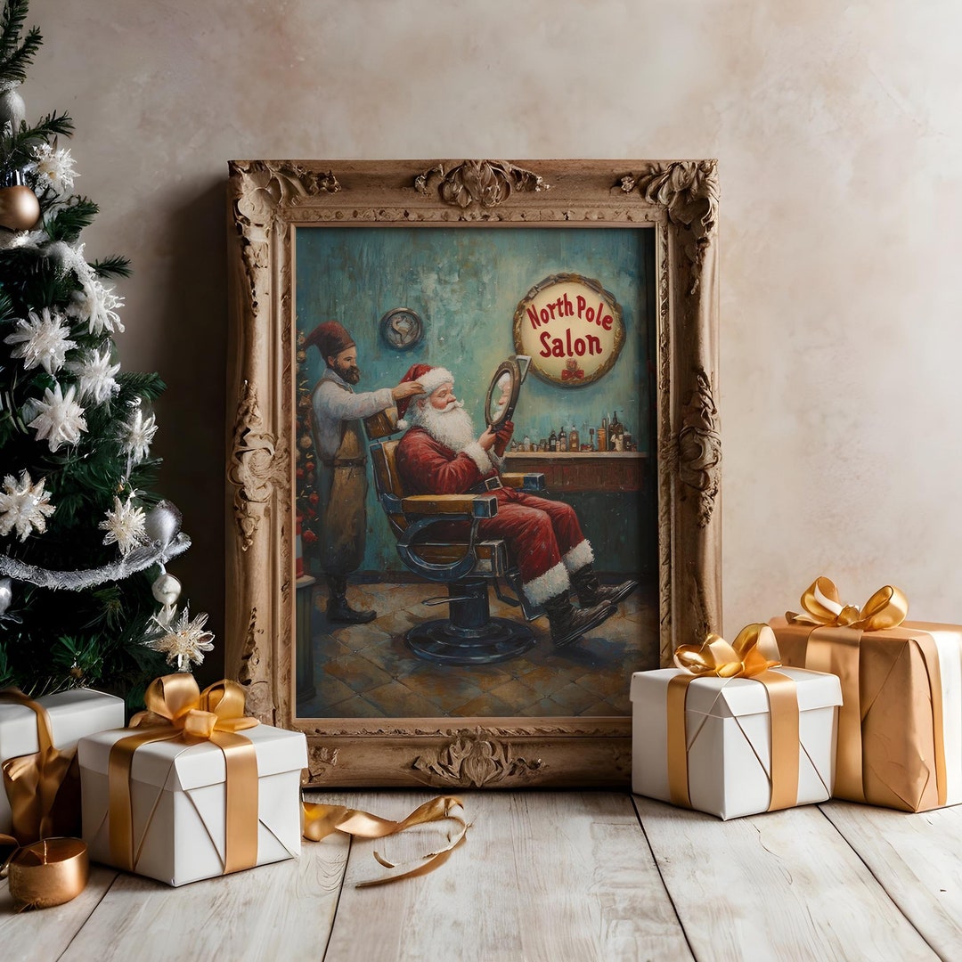Santa Barber Shop Art Print - Vintage Holiday Wall Art, Christmas Salon ...