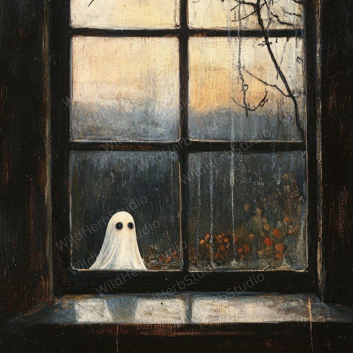 Spooky Ghost at the Window Vintage Art Print: Halloween Decor (digital ...