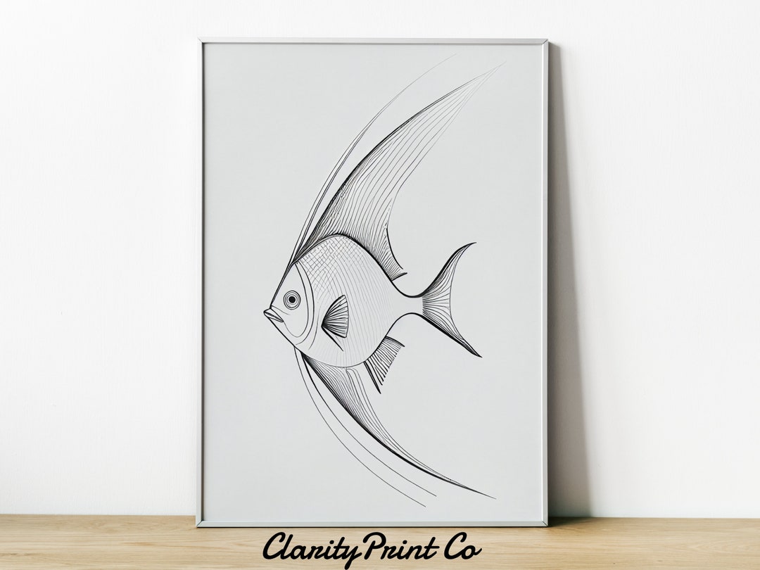 Angelfish Simple Line Art | Relaxing Wall Decor | Wabi Sabi Art ...