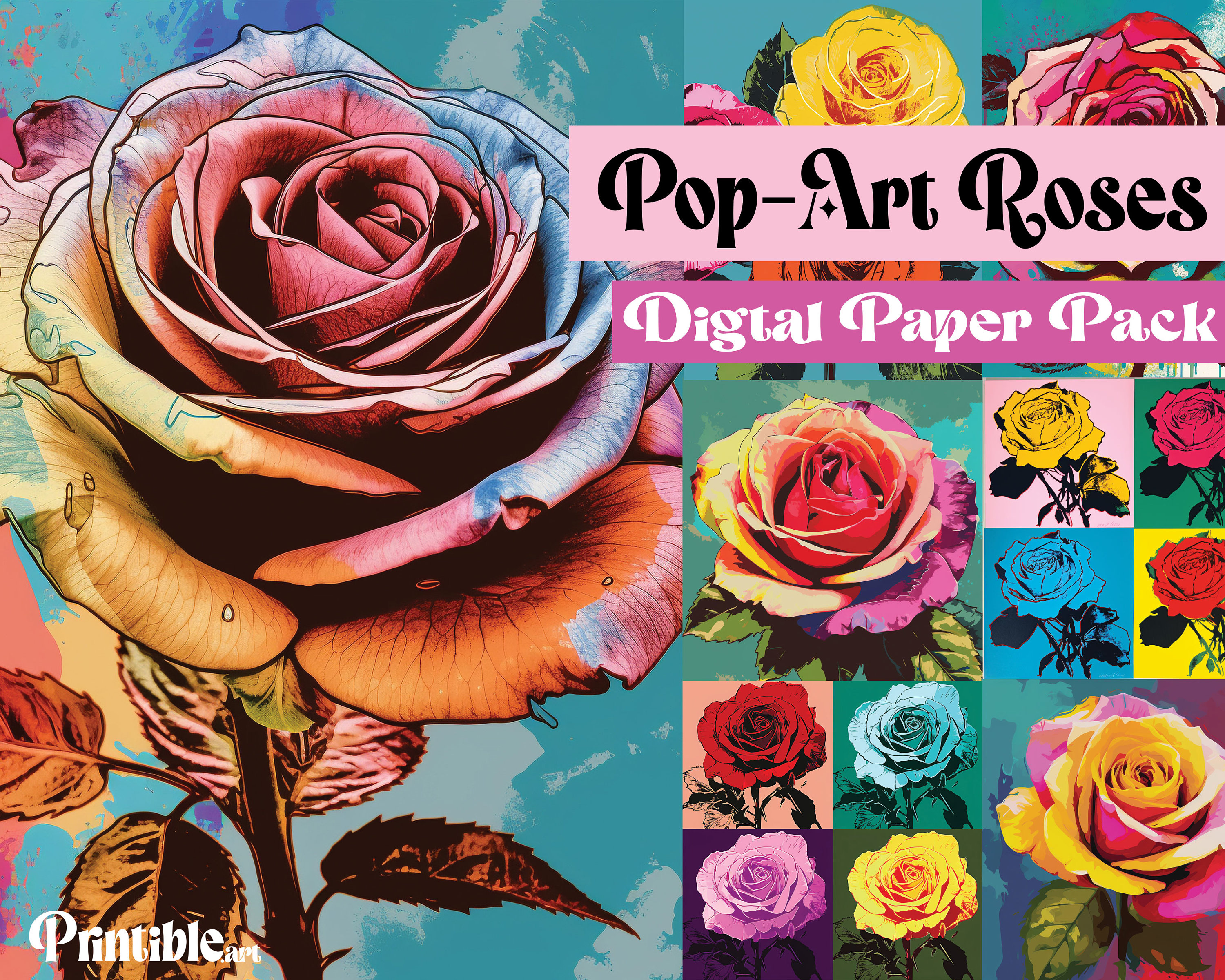 POP ART ROSES | 10 Printable Digital Prints, Flowers Digital Paper ...