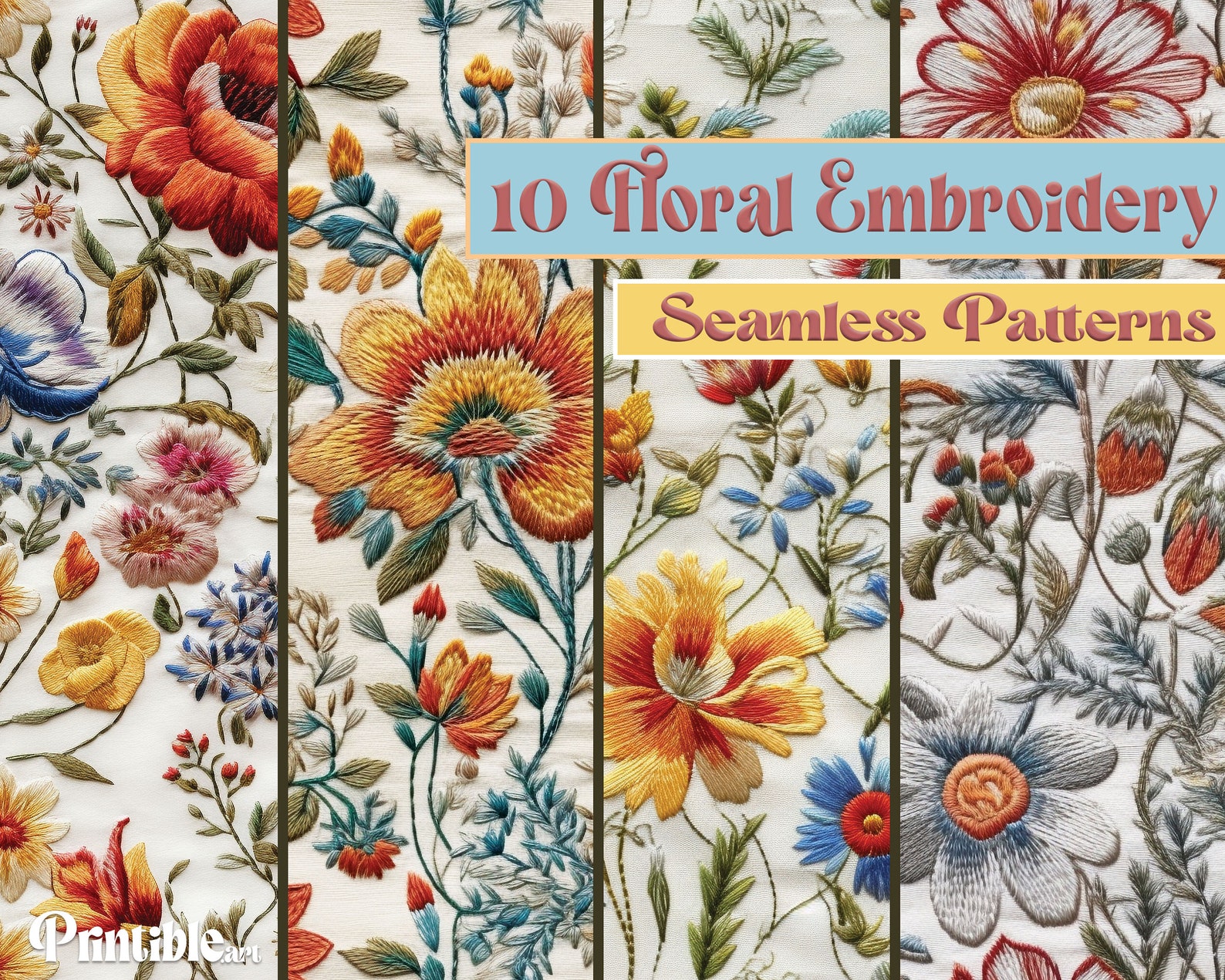FLORAL EMBROIDERY | 10 Seamless Prints, Floral Digital Paper, Flowers ...