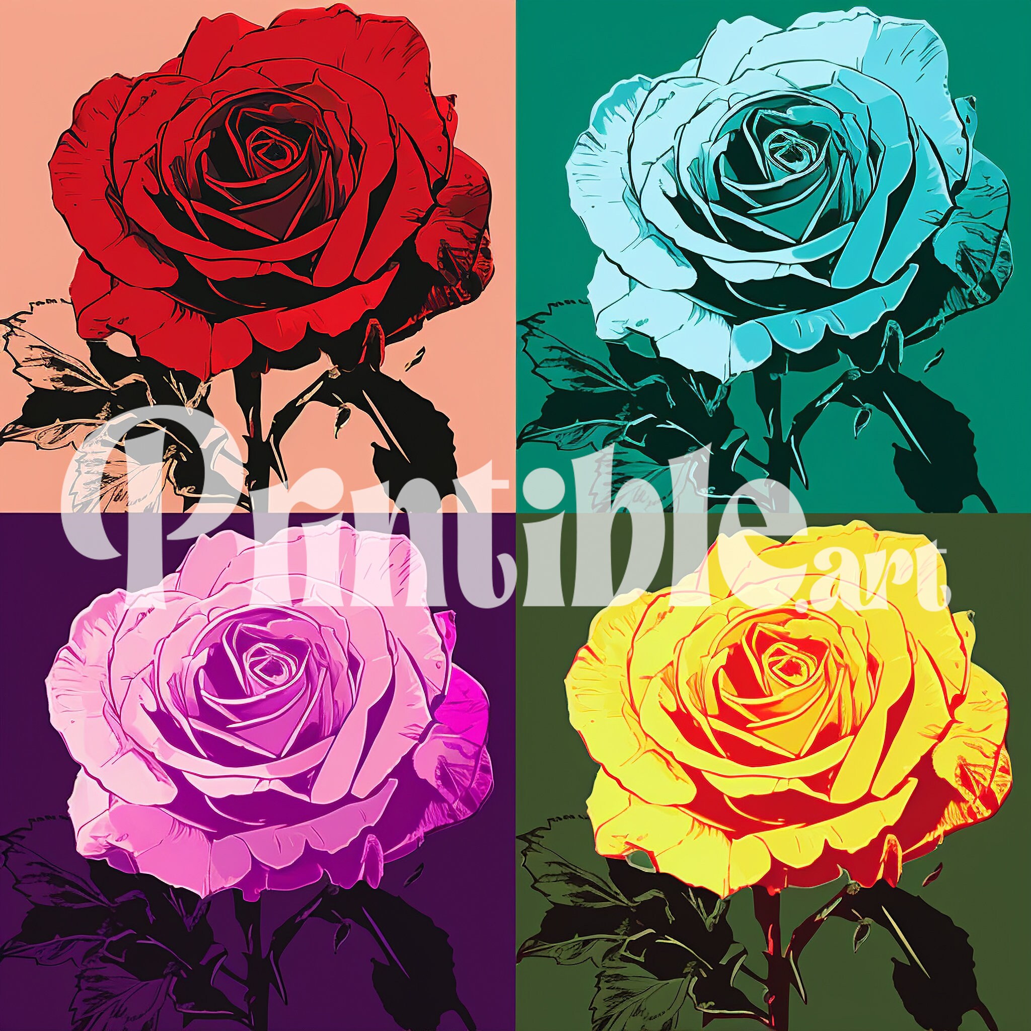 POP ART ROSES 10 Printable Digital Prints, Flowers Digital Paper ...