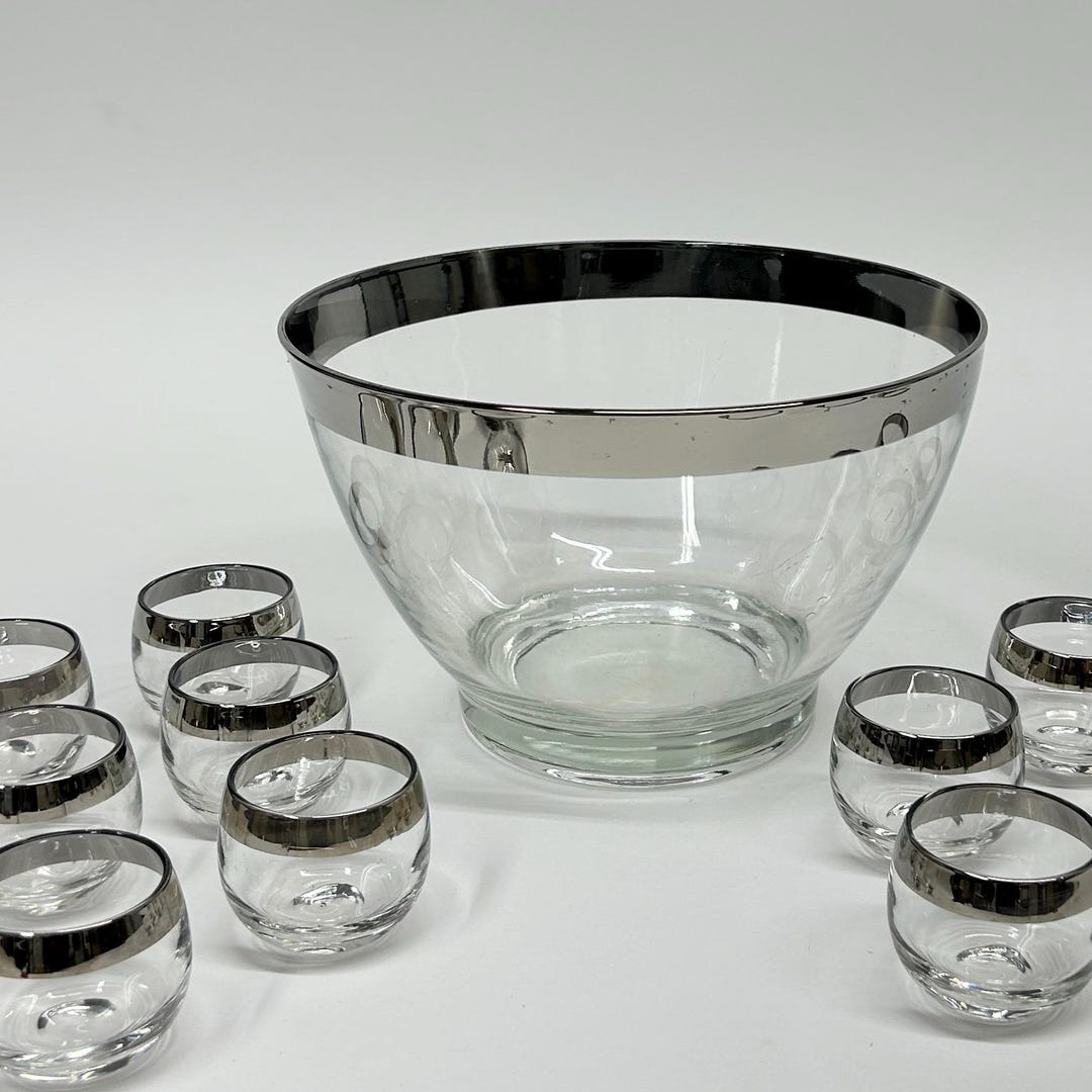 Vintage Dorothy Thorpe Style Silver Rim Punch Bowl and 12 Roly Poly ...