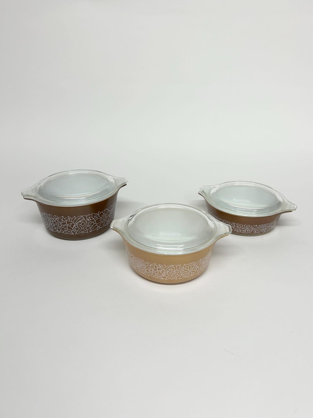 Vintage Pyrex Casserole Dishes in Floral Woodland Pattern, Brown Pyrex ...