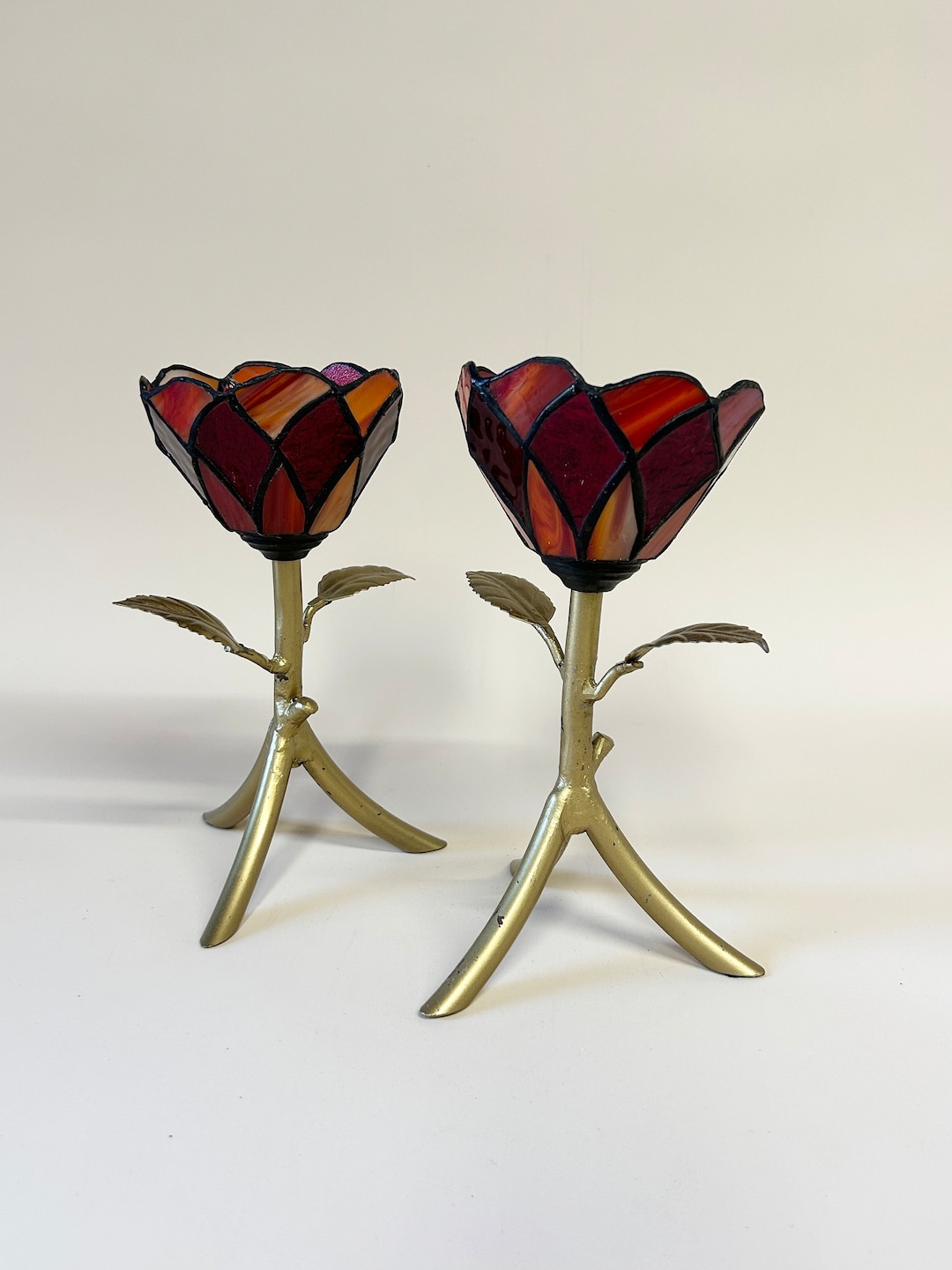 Vintage Stained Glass Tea Light Candle Holder, Rose, Set of 2 - Etsy