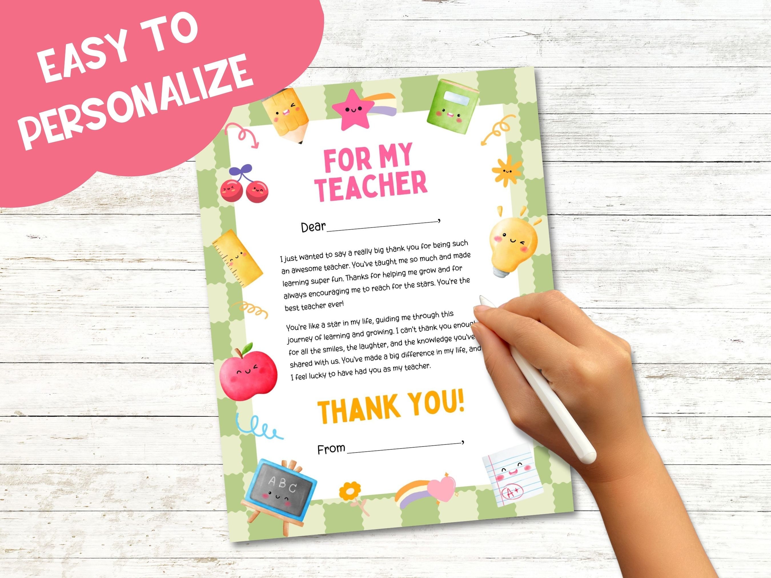 Teacher Appreciation Thank You Letter for Kids, Personalized Letter for ...