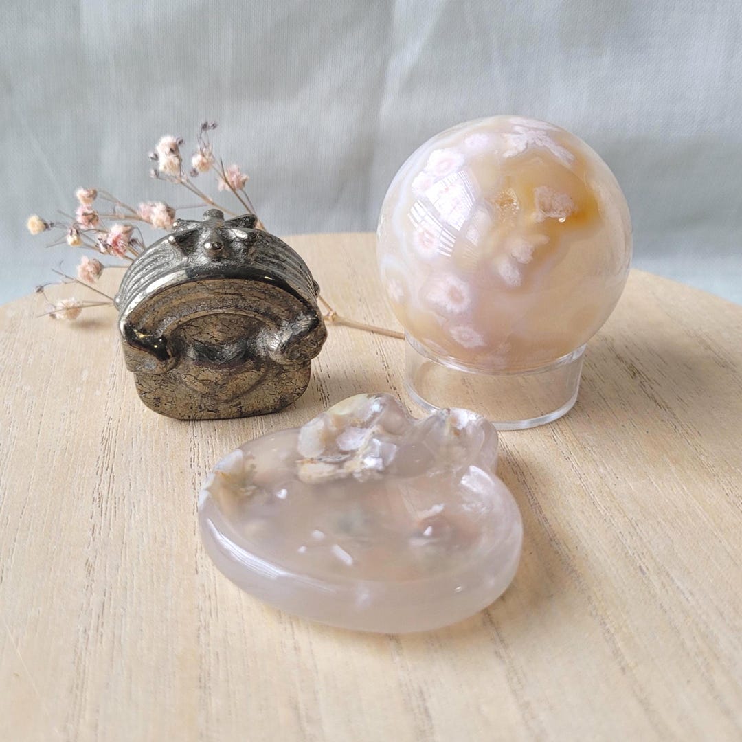 Flower Agate and Pyrite Bundle - Pyrite Fairy House Carving, Green ...