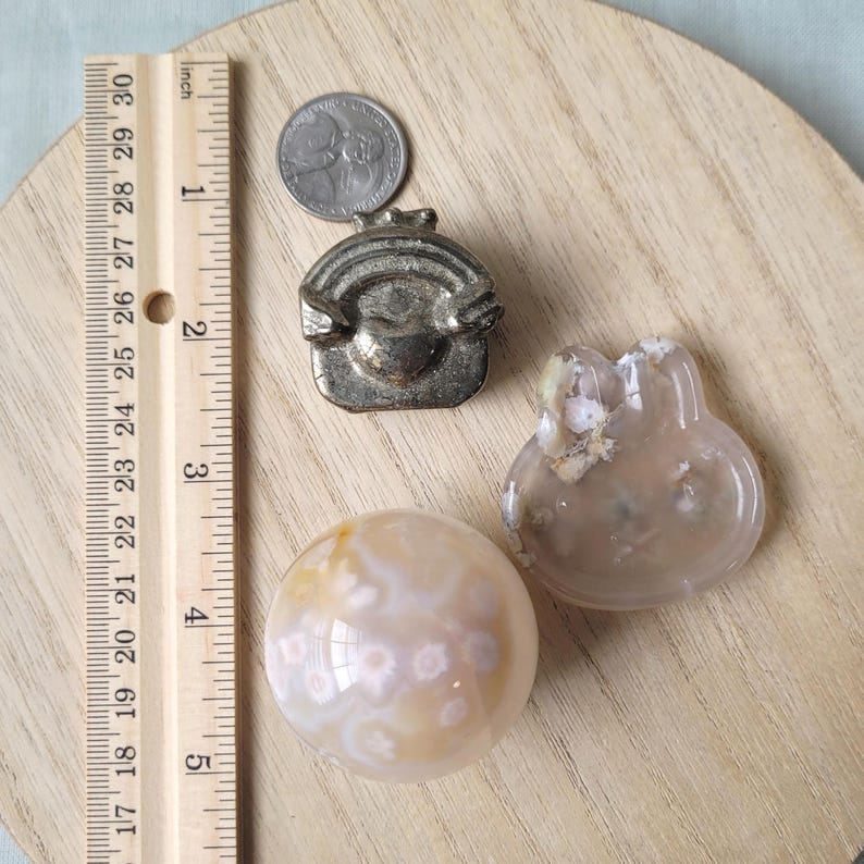 Flower Agate and Pyrite Bundle - Pyrite Fairy House Carving, Green ...