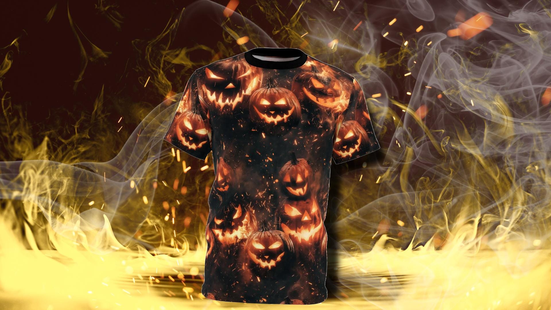 Spooky Jacks - Jack-o-lanterns and Fire Pattern AOP Shirt - Spoopy All ...