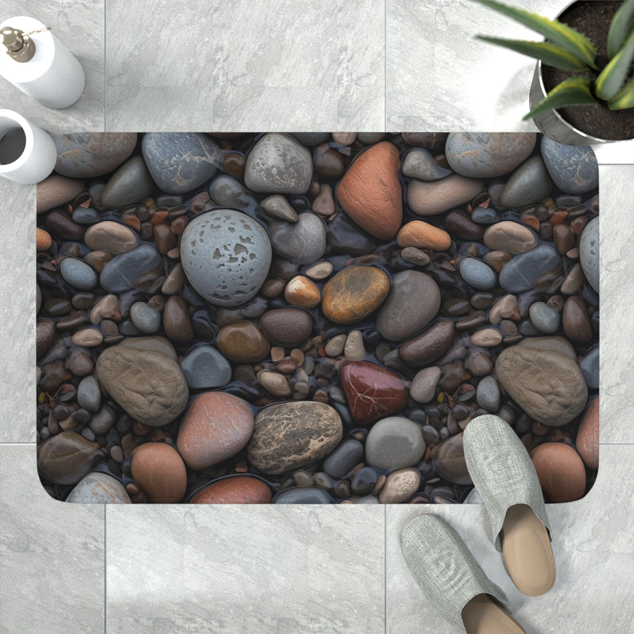 River Rock Pattern Memory Foam Bath Mat Soft Comfy Bath Mat Natural ...