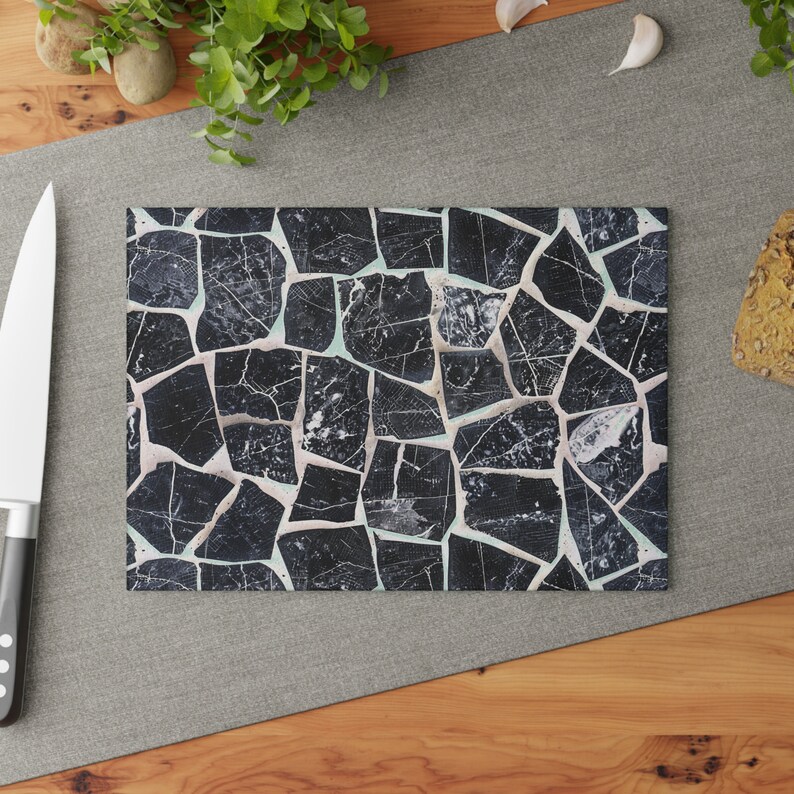 Classic Black Mosaic Tile Print - Tempered Glass Cheese Board and ...