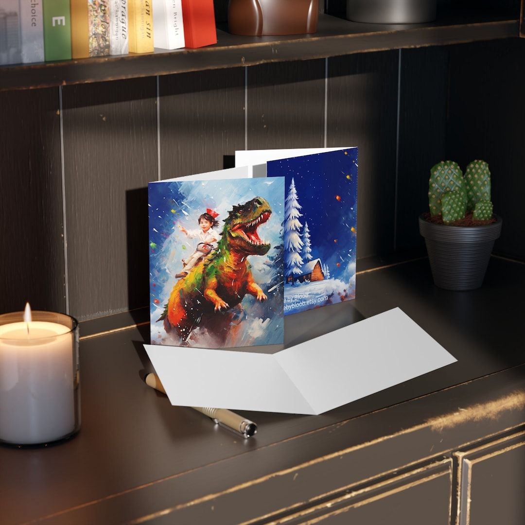 Dinosaur Christmas Cards - Holiday Cards With Kid Riding Dinosaur ...