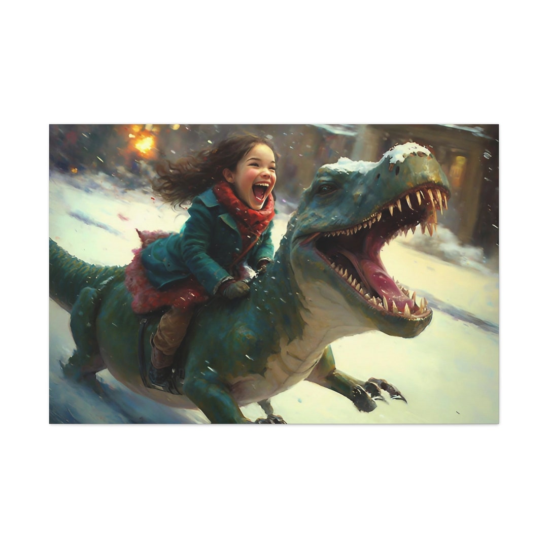Little Girl Riding a Dinosaur in the Snow - Winter Painting - Canvas ...