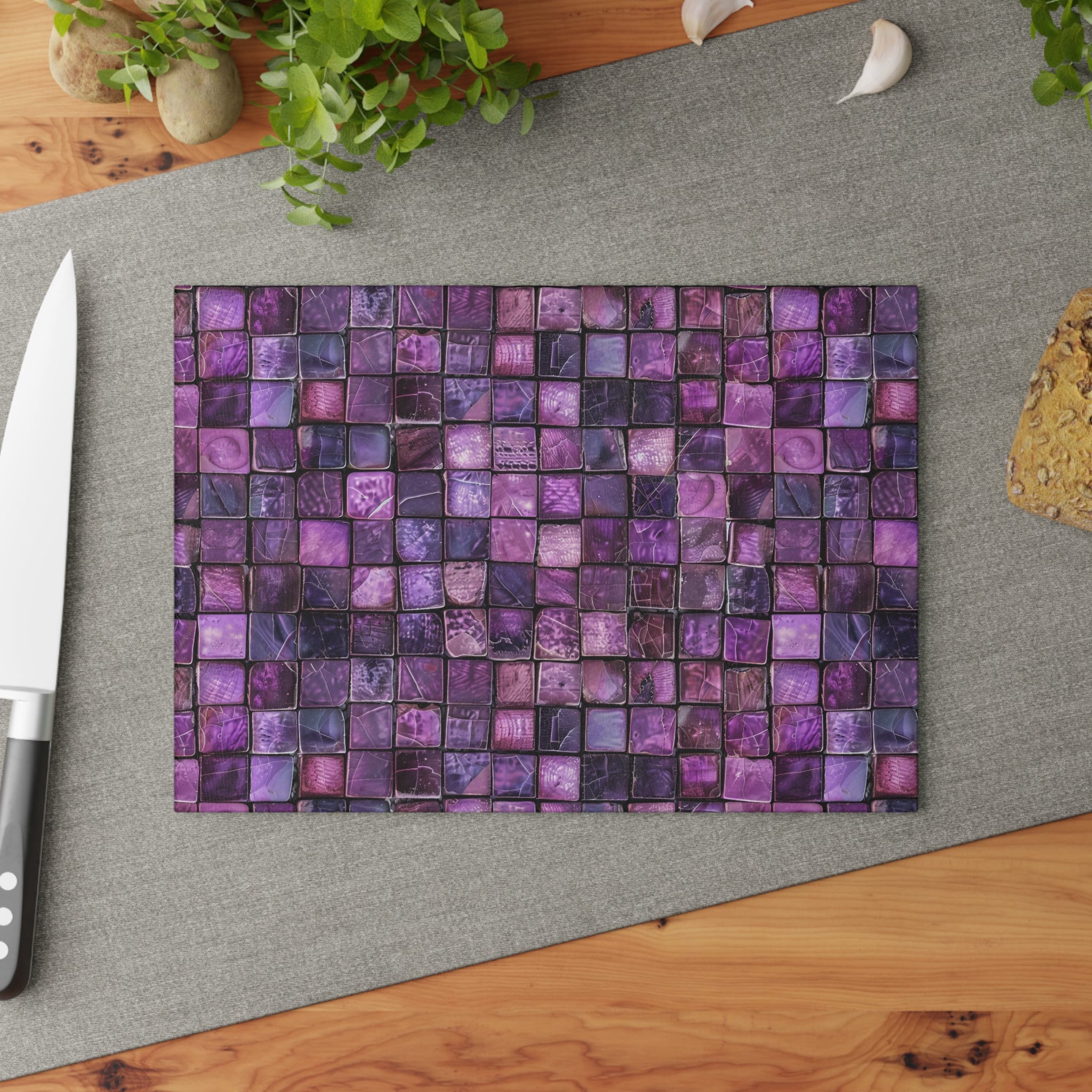 Gorgeous Square Purple Mosaic Tile Print Tempered Glass Cheese Board ...