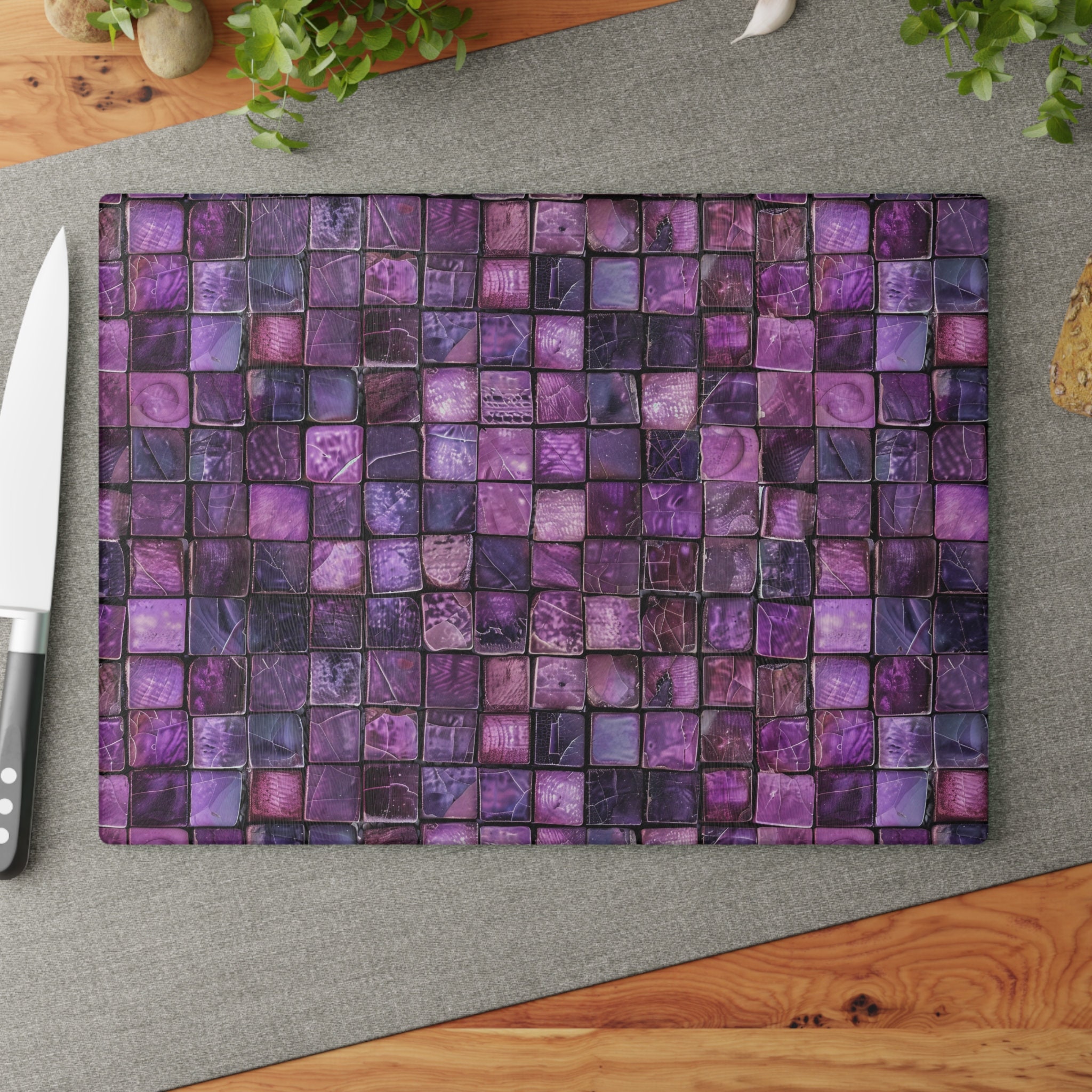Gorgeous Square Purple Mosaic Tile Print Tempered Glass Cheese Board ...