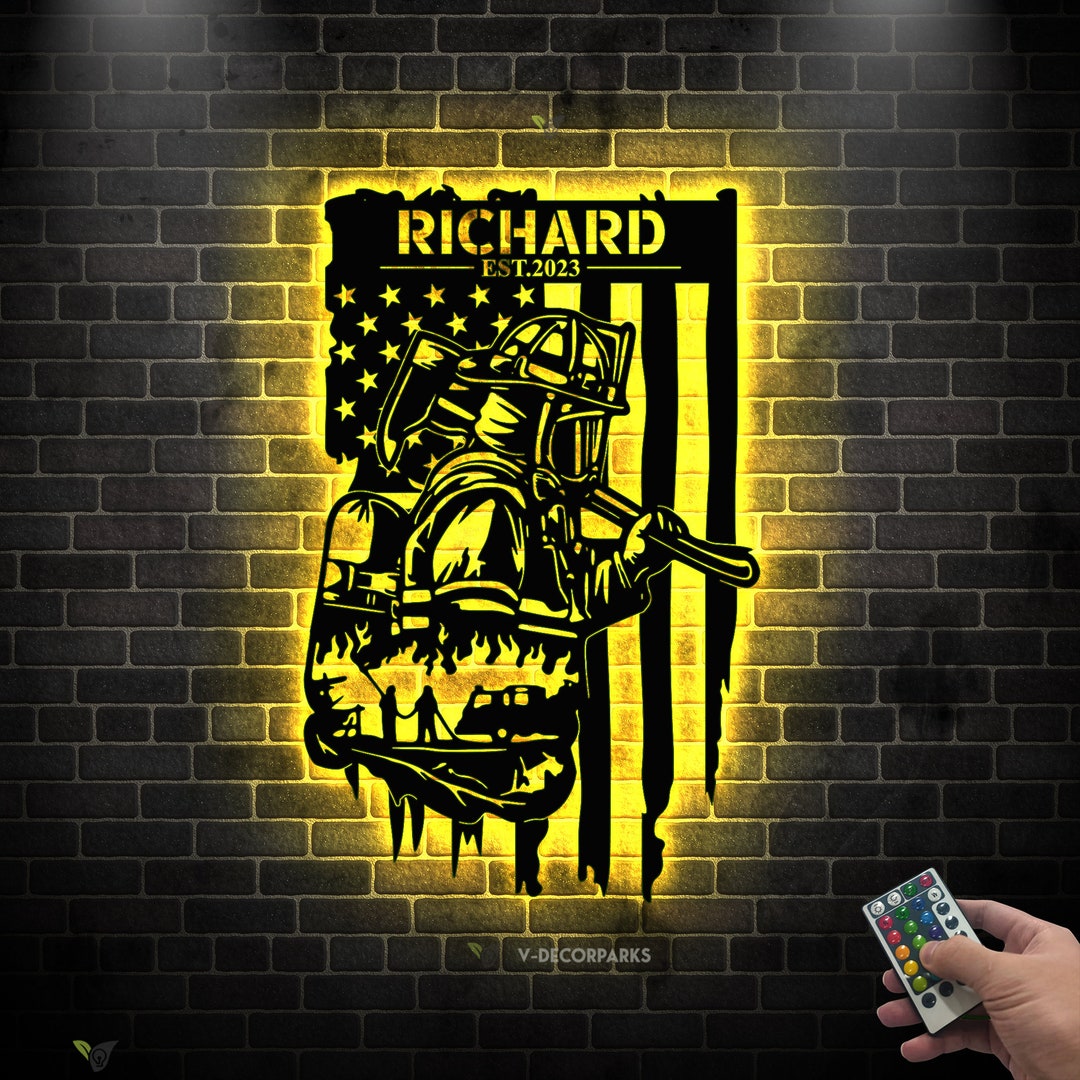 Personalized Firefighter Metal Art Sign LED Lightus Flag and - Etsy
