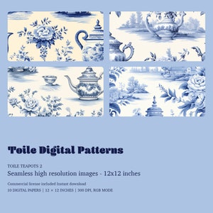 Vintage-inspired Teapots Blue Toile Digital Pattern, Elevate Your ...