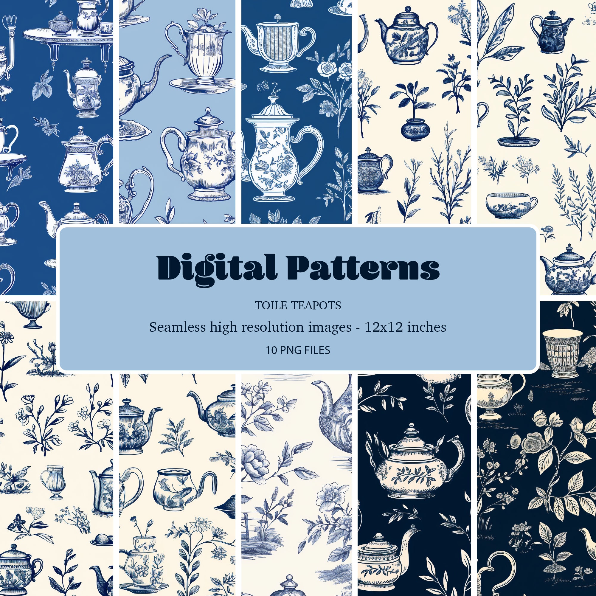 Vintage-inspired Teapots Blue Toile Digital Pattern, Elevate Your ...