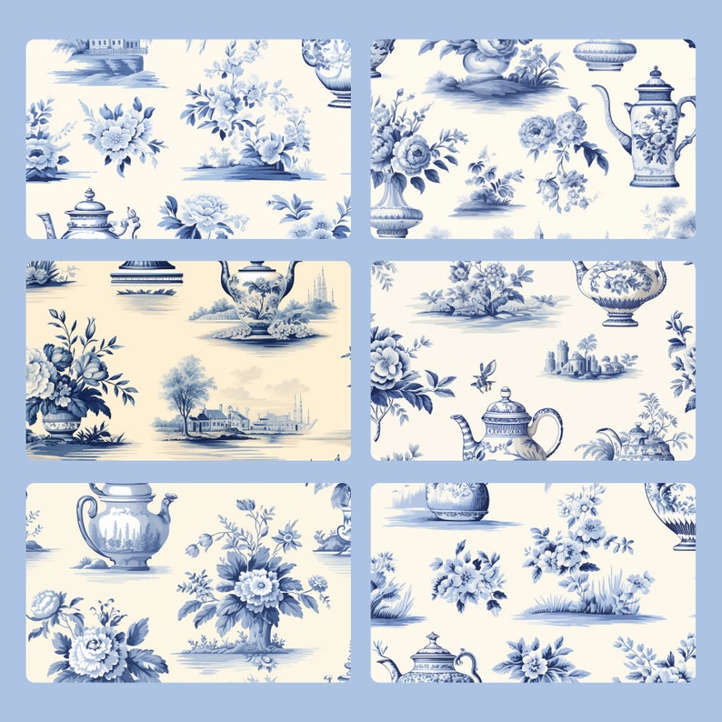 Vintage-inspired Teapots Blue Toile Digital Pattern, Elevate Your ...