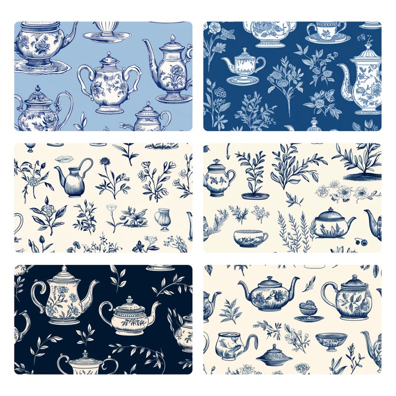 Vintage-inspired Teapots Blue Toile Digital Pattern, Elevate Your ...