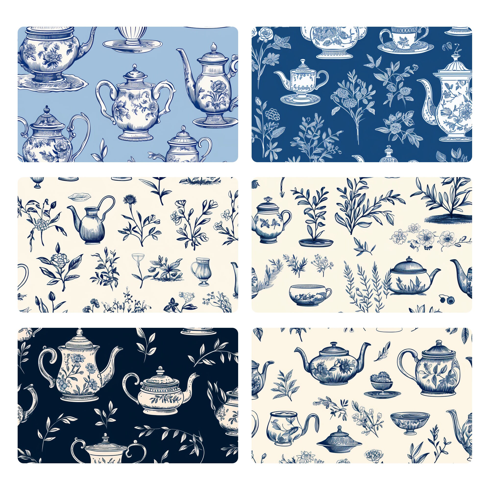 Vintage-inspired Teapots Blue Toile Digital Pattern, Elevate Your ...