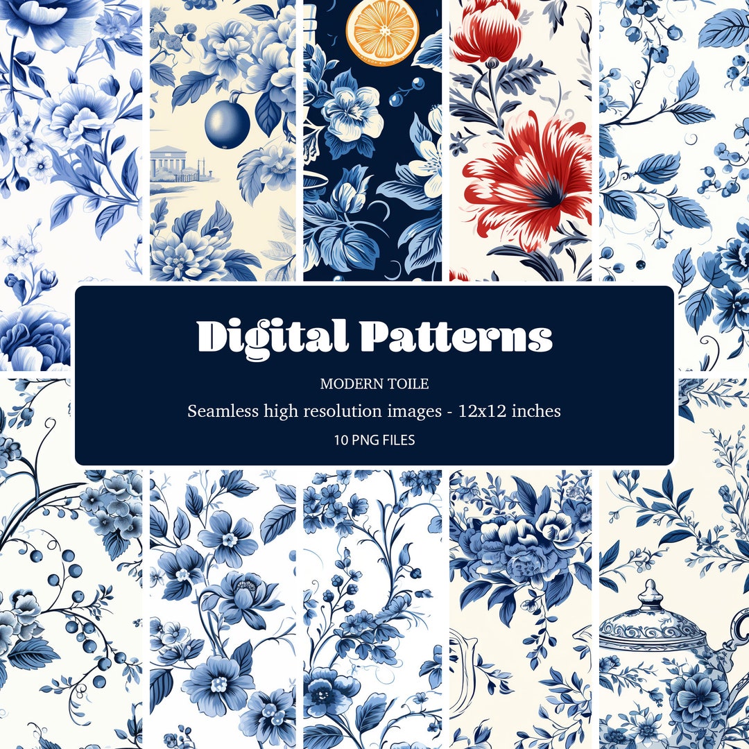 Seamless Floral Blue Toile Digital Pattern, Elevate Your Creative ...