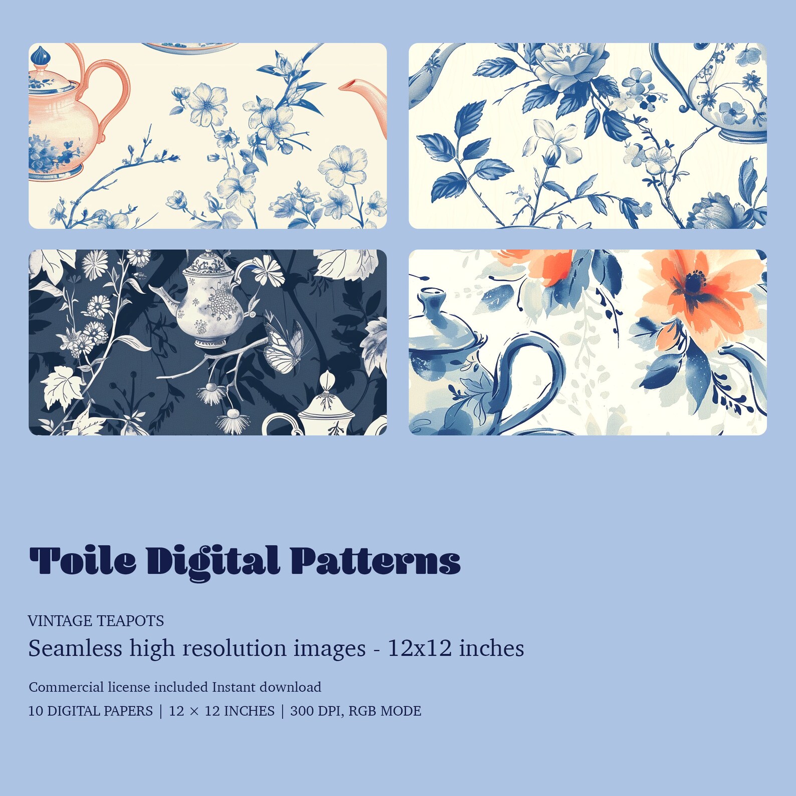Vintage-inspired Teapots Toile Digital Pattern, Elevate Your Creative ...