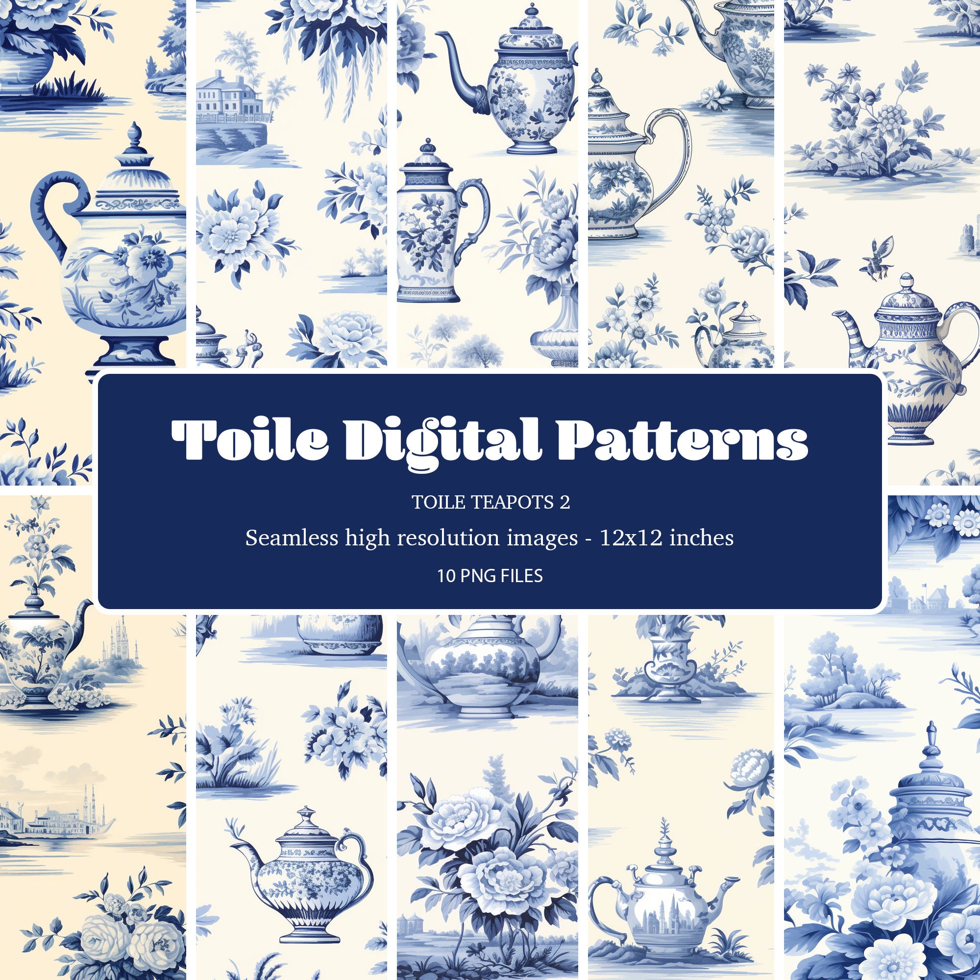 Vintage-inspired Teapots Blue Toile Digital Pattern, Elevate Your ...