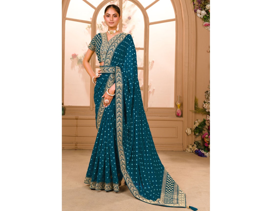 Beautiful Rama Color Saree, Wedding Saree Sequins Embroidered Saree ...