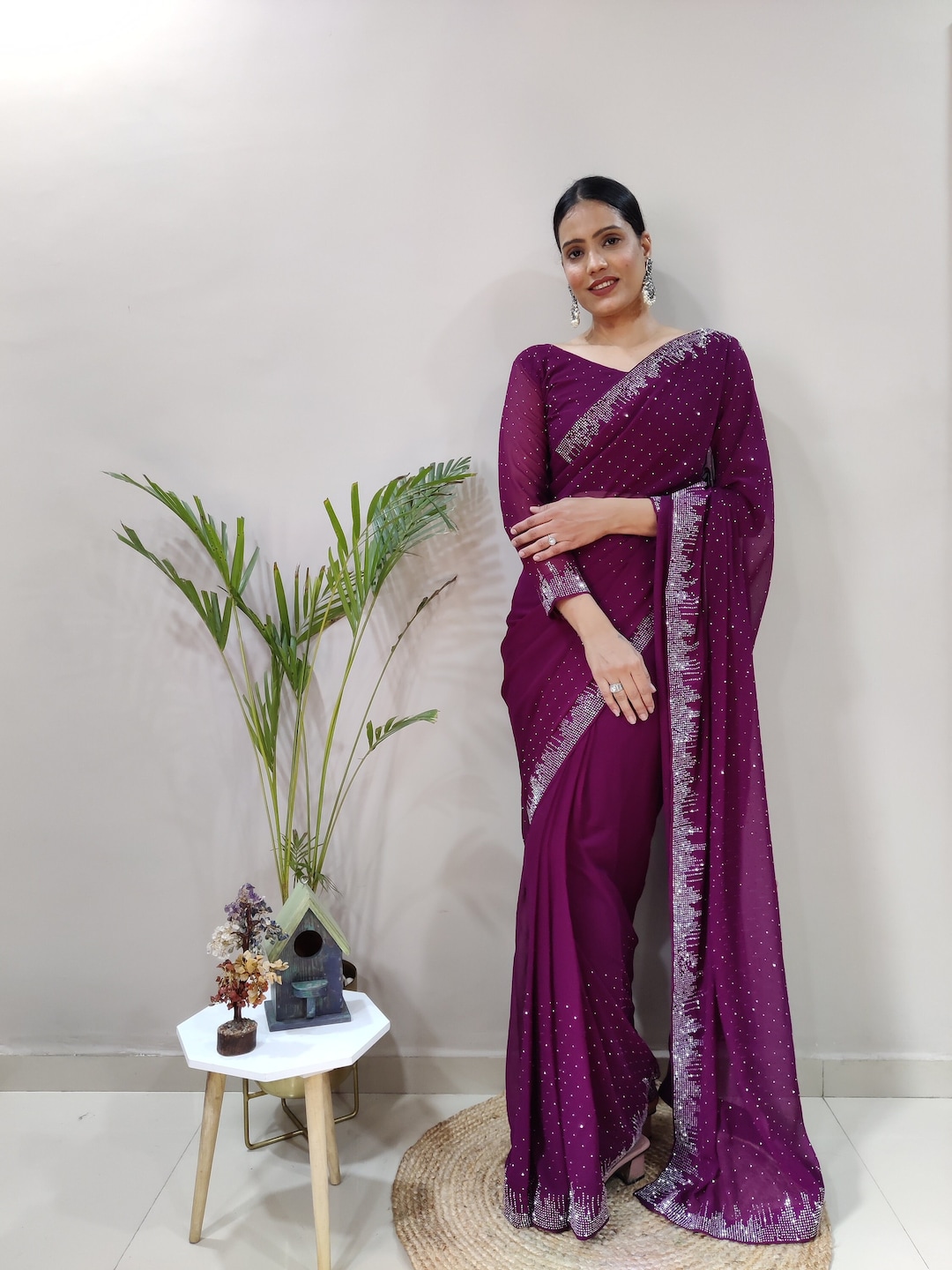 Wine Color Designer Diamond Saree, Ready to Wear Saree Wrap in One ...