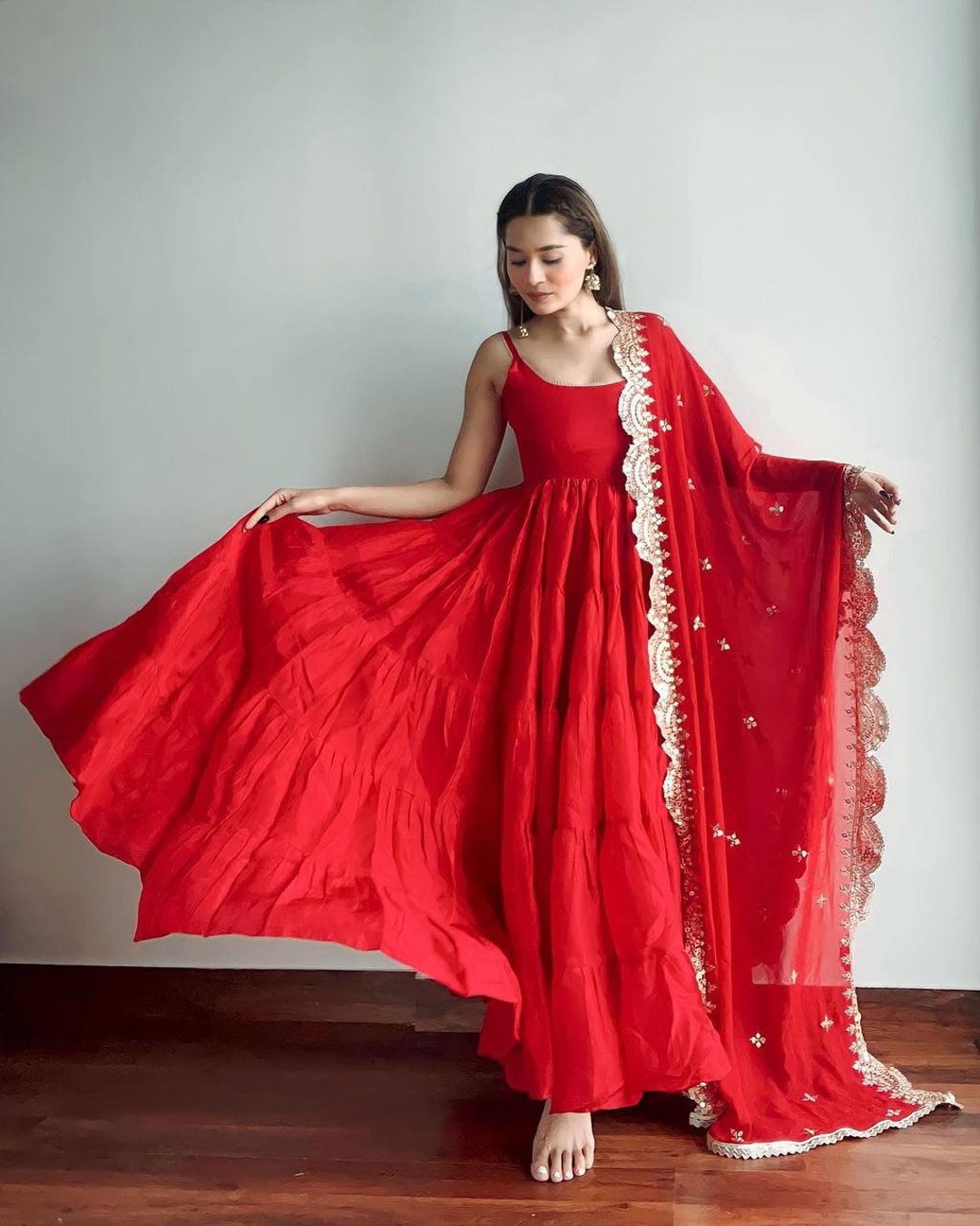 Designer Red Anarkali Gown With Dupatta, Full Flared Raffle Anarkali ...