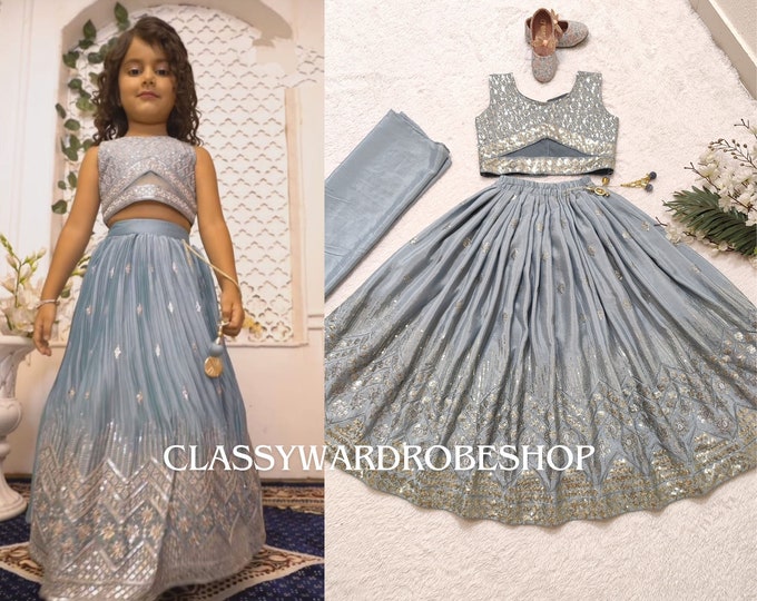 Ivory Gold Floral Lehenga Girl Indianwear Traditional Kid Lengha Choli ...