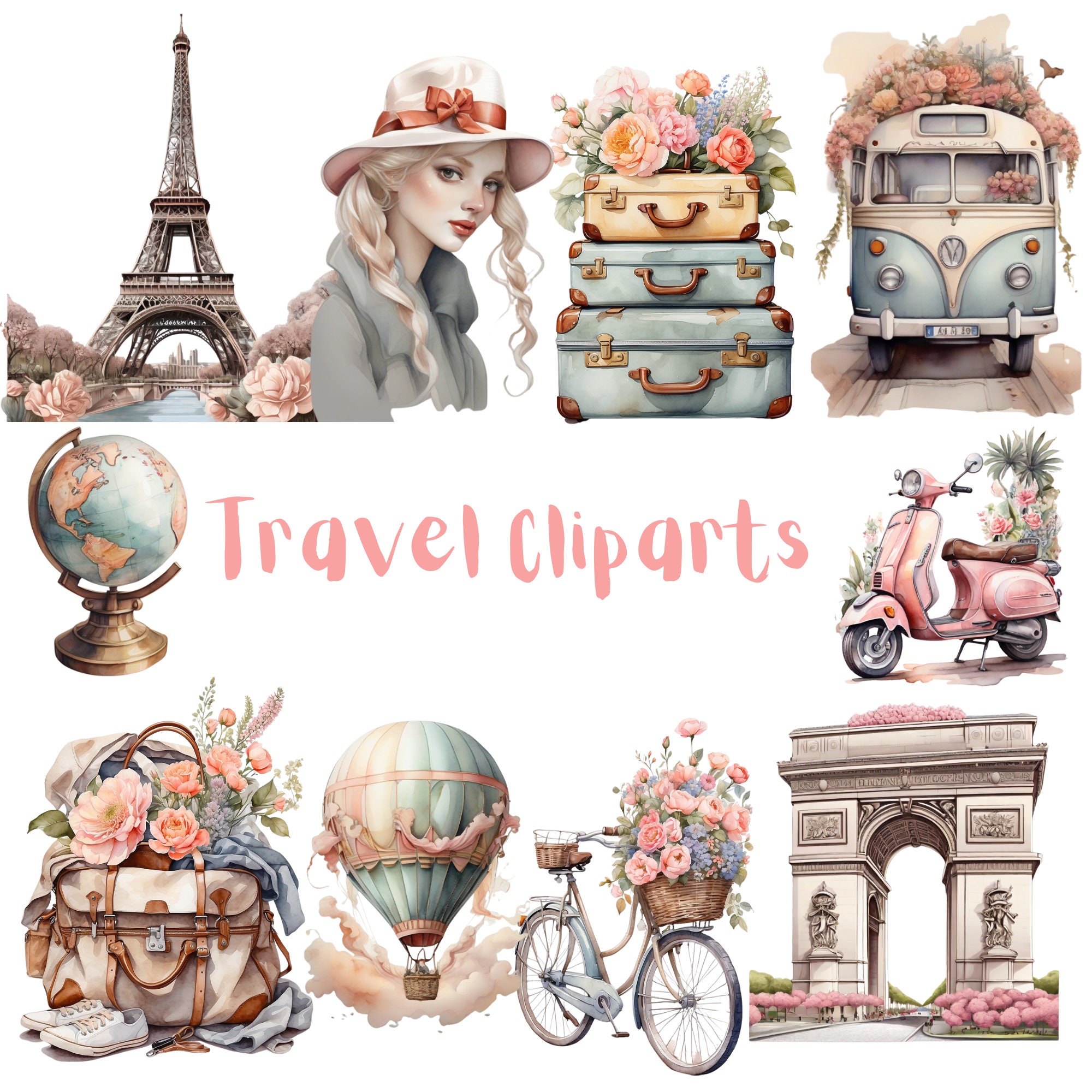 Watercolor Travel Clipart, Digital Download of Travel Illustration and ...