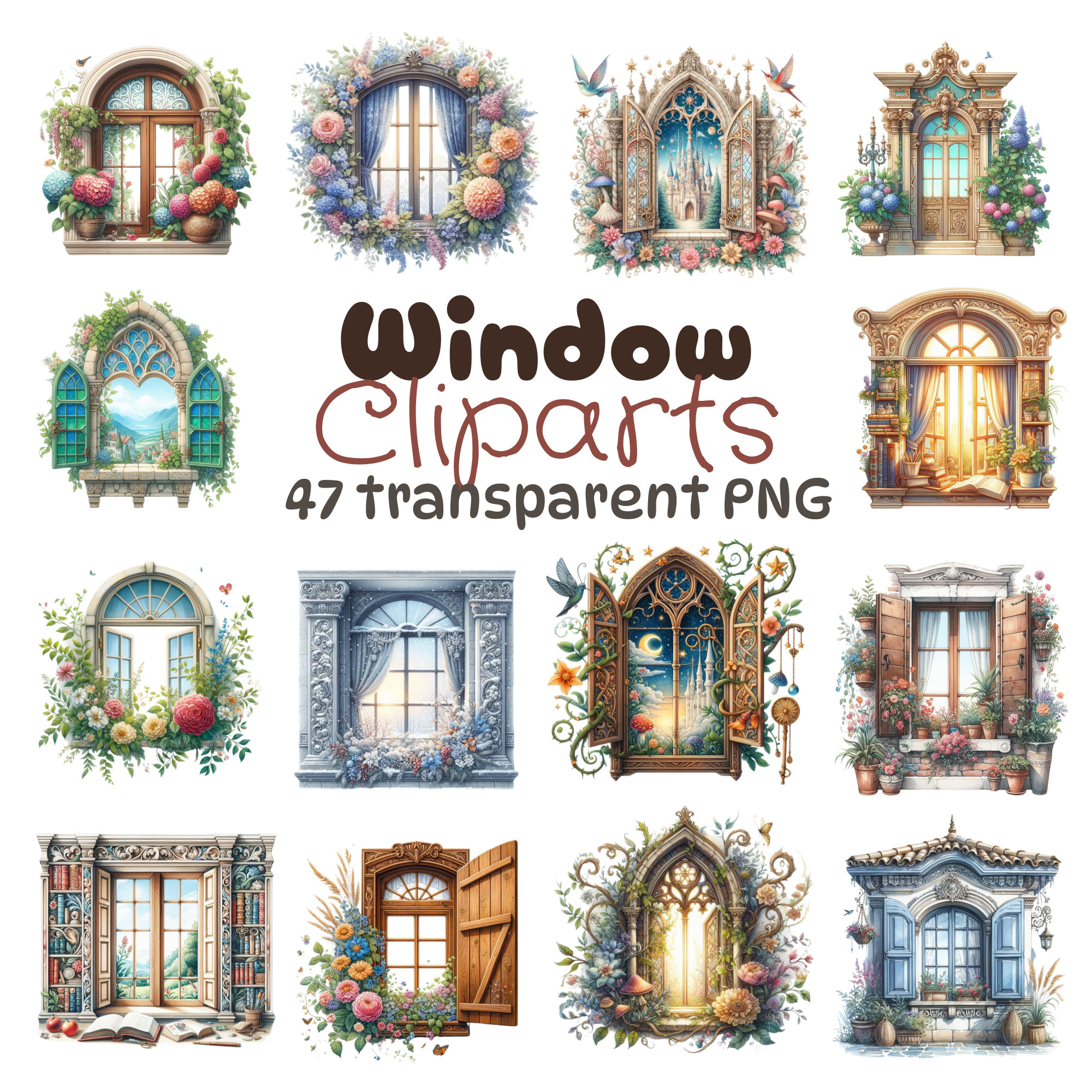 Watercolor Window Clipart, Ditigal Download of Vintage Illustration ...