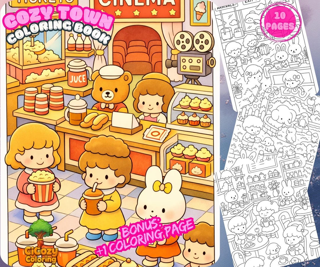 Cozy Town Coloring Book for Adults | 10 Cute Kawaii Scene Pages ...