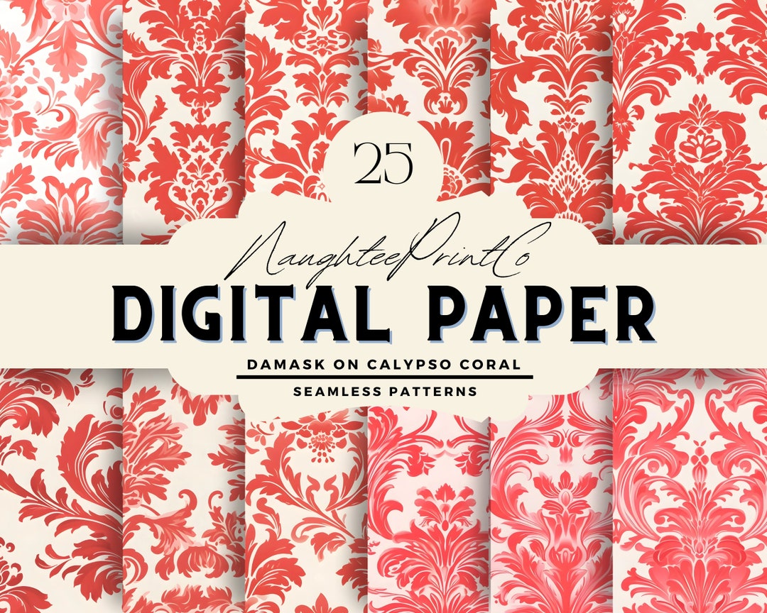 Damask on Calypso Coral Digital Paper, Seamless Pattern, Scrapbook ...