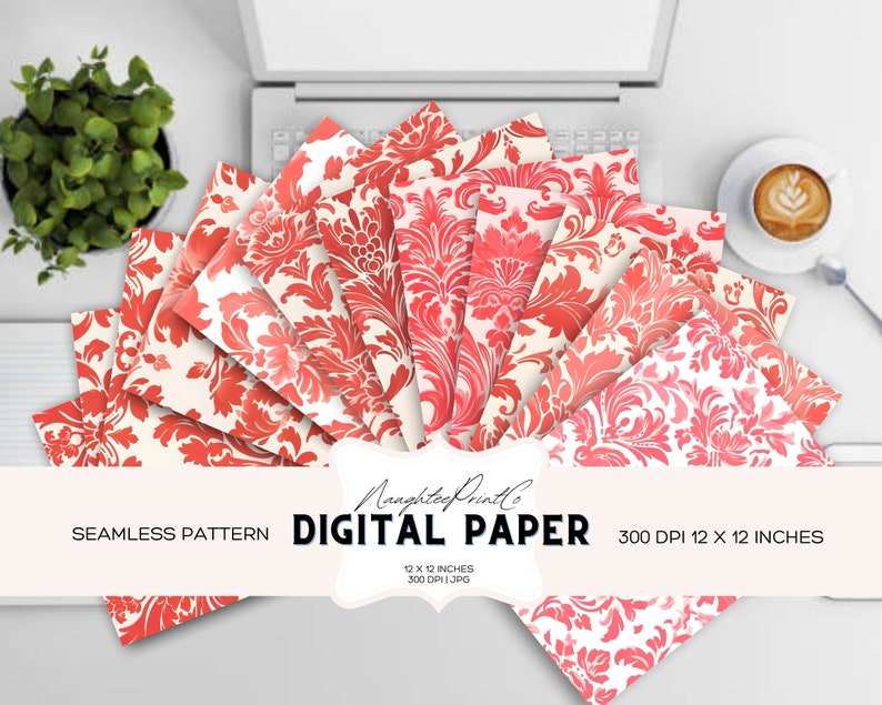 Damask on Calypso Coral Digital Paper, Seamless Pattern, Scrapbook ...