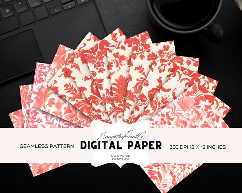 Damask on Calypso Coral Digital Paper, Seamless Pattern, Scrapbook ...