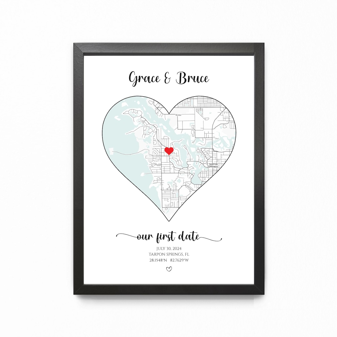 Our First Date Map Print Framed, One Year Dating Anniversary Map Gift ...