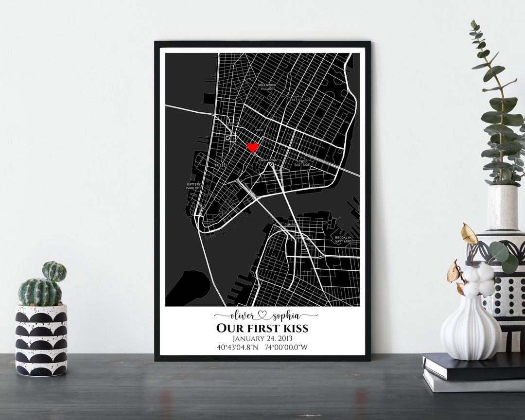 Custom Our First Kiss Map Latitude Longitude Coordinates Map - Etsy