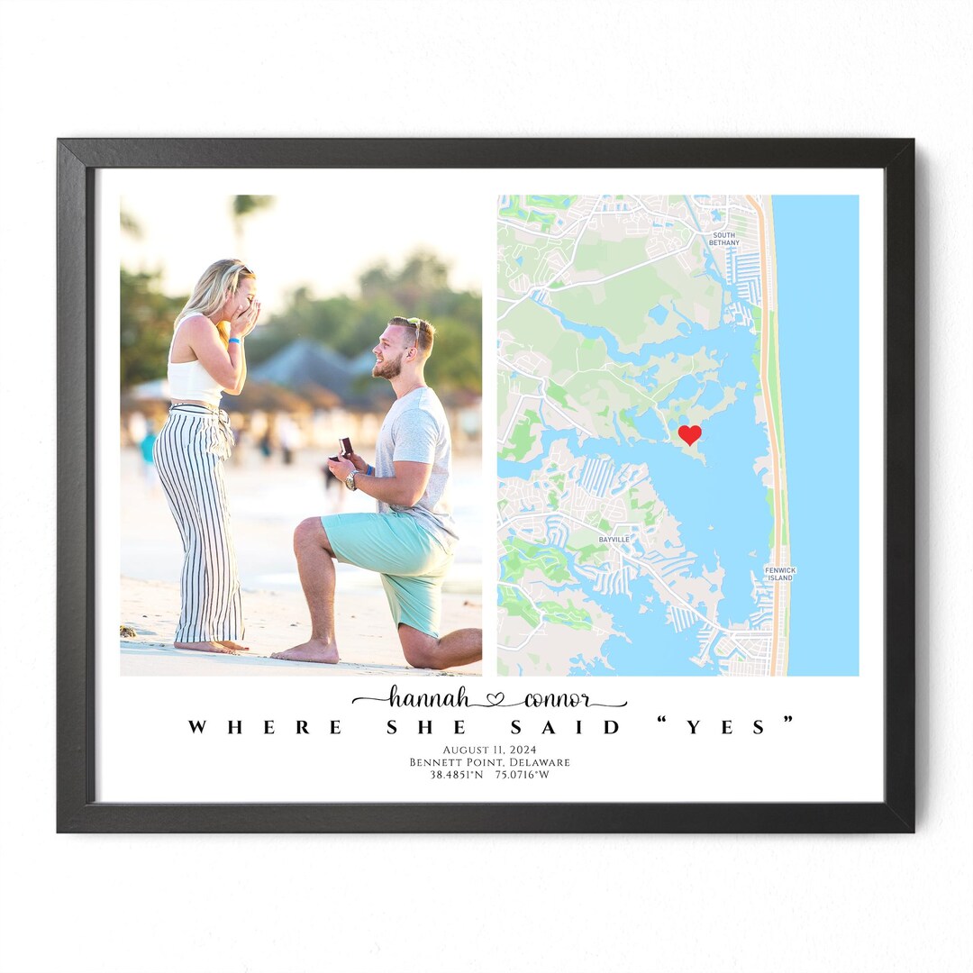 Where She Said Yes Map With Photo, Personalized Engagement Map Print ...