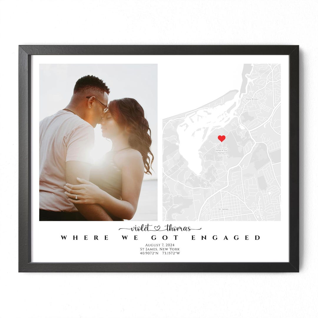 Where We Got Engaged Map With Photo, Personalized Engagement Map Print ...