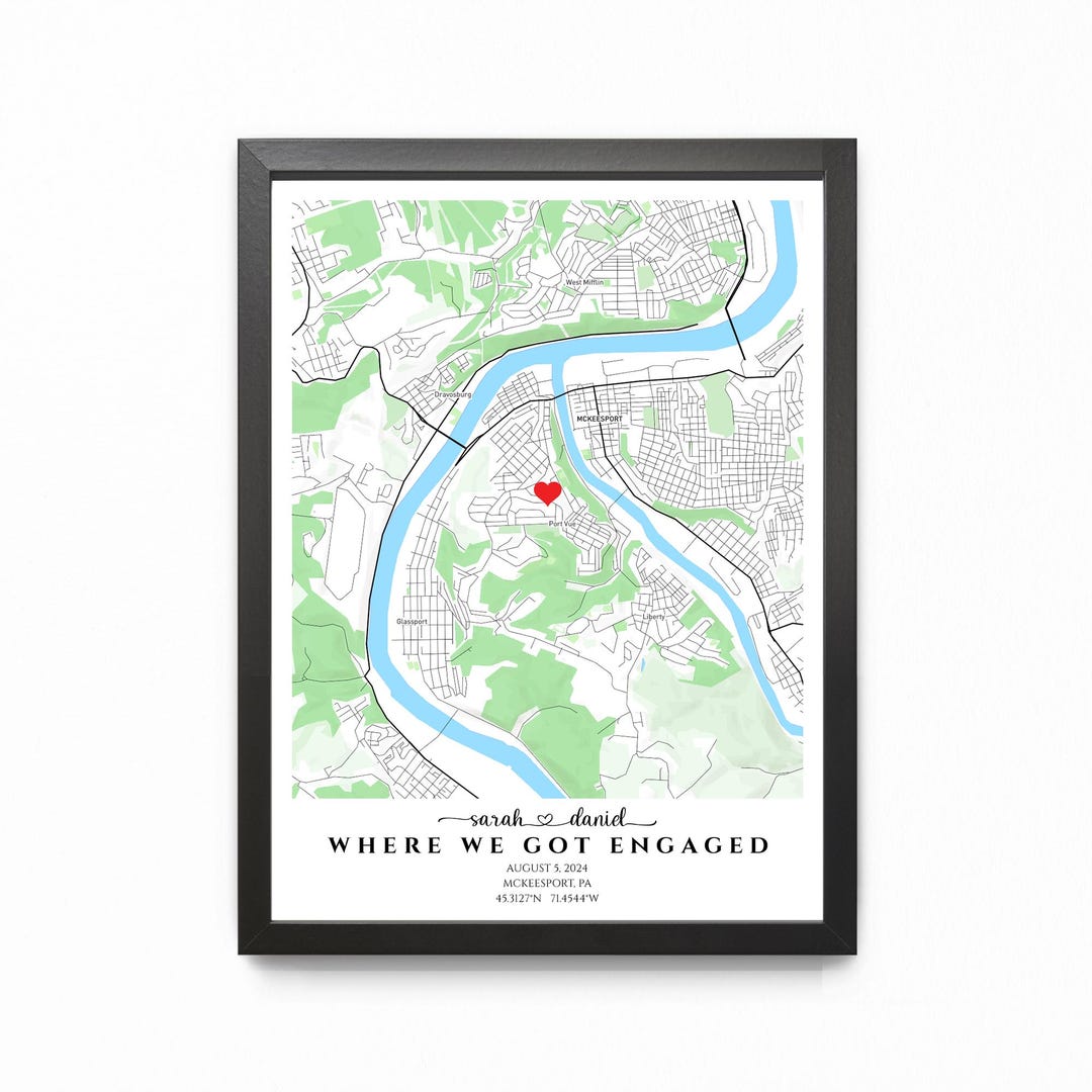 Custom Newly Engaged Map, Proposal Coordinates Map, Engagement Location ...