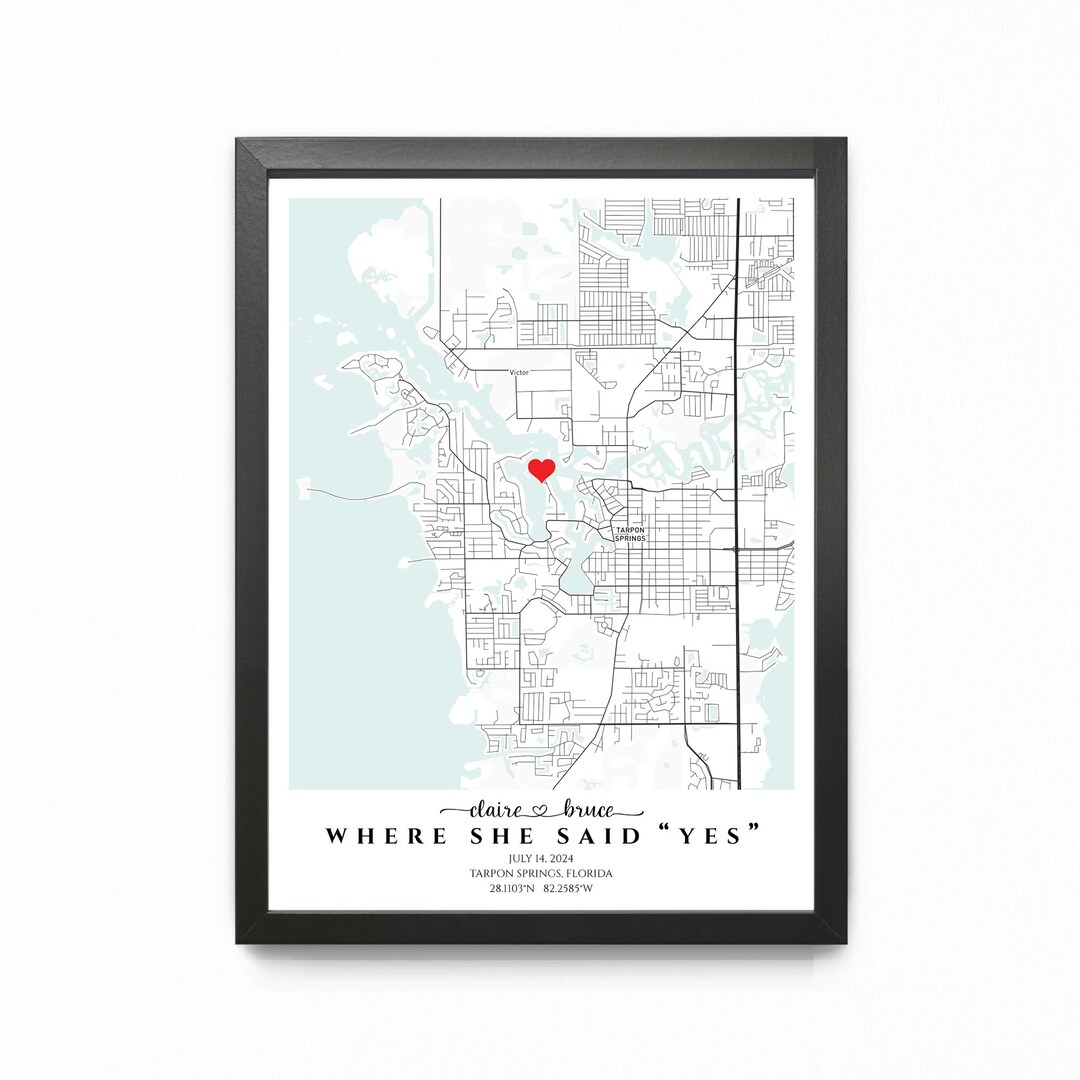 Where She Said Yes Map Print, Personalized Engagement Map Print Framed ...