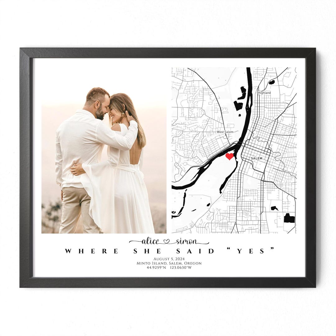 Where She Said Yes Map With Photo, Personalized Engagement Map Print ...