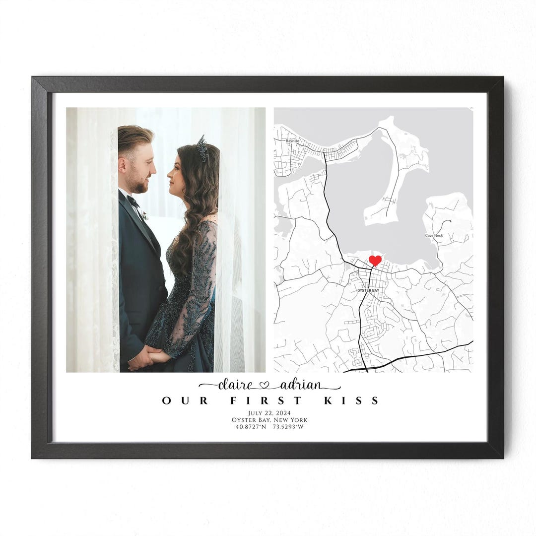 Our First Kiss Map Print Framed With Photo, One Year Dating Anniversary ...