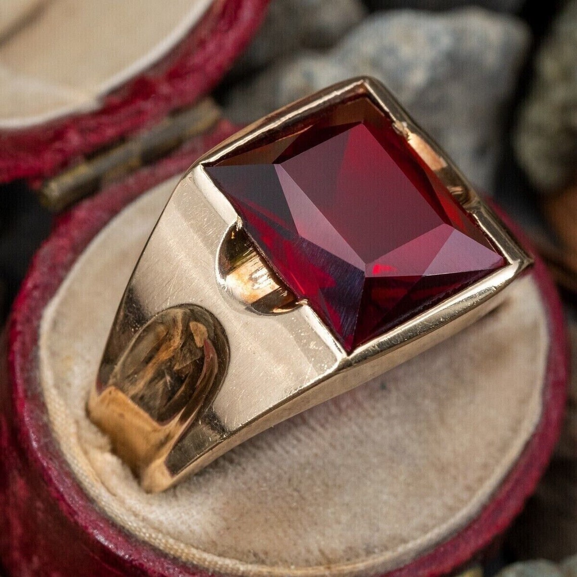 3ct Emerald Cut Red Ruby Men's Wedding Ring 14K Yellow Gold Plated ...